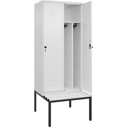 C+P Schwarz-Weiß-Spind Classic PLUS Sitzbank, schmal, 2 Abteile, Trennwand verkürzt, verkehrsweiß, B 800 mm, Sicherheits-Drehriegel, untergebaut, Kunststoff