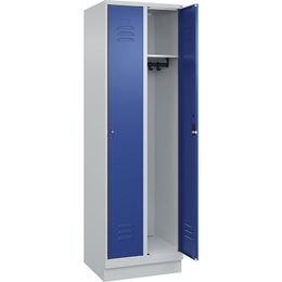 C+P Spind Classic PLUS, 2 Abteile, lichtgrau / enzianblau, B 600 mm, mit Bodensockel, Zylinderschloss