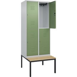 C+P Doppelstock-Spind Classic PLUS Sitzbank, 2 Abteile, lichtgrau / resedagrün, B 800 mm, Zylinderschloss, untergebaut, Buche-Hartholz