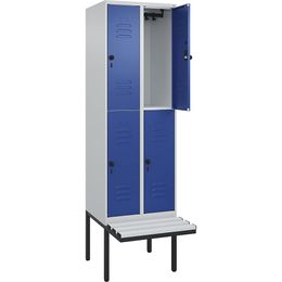 C+P Doppelstock-Spind Classic PLUS Sitzbank, 2 Abteile, lichtgrau / enzianblau, B 600 mm, Sicherheits-Drehriegel, auskragend, Kunststoff