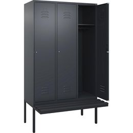 C+P Spind Classic PLUS Sitzbank, 3 Abteile, grau, B 1200 mm, Zylinderschloss, auskragend, Kunststoff