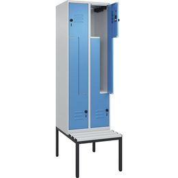 C+P Z-Spind Classic PLUS Sitzbank, 2 Abteile, lichtgrau / lichtblau, B 600 mm, Sicherheits-Drehriegel, untergebaut, Kunststoff
