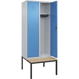 C+P Spind Classic PLUS Sitzbank, 2 Abteile, lichtgrau / lichtblau, B 800 mm, Zylinderschloss, untergebaut, Buche-Hartholz