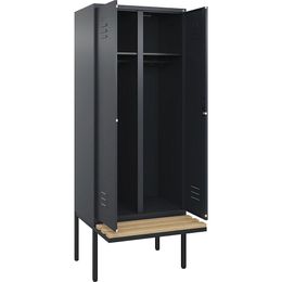 C+P Schwarz-Weiß-Spind Classic PLUS Sitzbank, 1 Abteil, grau, B 800 mm, Zylinderschloss, auskragend, Buche-Hartholz