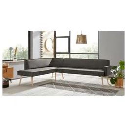 Eckbank exxpo - SOFA FASHION "Lungo, moderne Kedernaht, bequem und elegant, hoher Holzfuß" Sitzbänke Gr. B/H/T: 198cm x 84cm x 260cm, Webstoff, langer Schenkel rechts, grau (grey melange) hochwertige Detailverarbeitung, frei im Raum stellbar