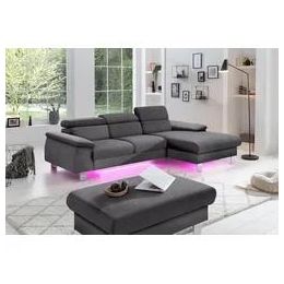 Ecksofa COTTA "Komaris L-Form" Sofas Gr. B/H/T: 244cm x 72cm x 166cm, Feinstruktur, Recamiere rechts, ohne Bettfunktion-ohne Bettkasten-mit RGB-LED-Beleuchtung, grau mit Kopfteilverstellung, wahlweise Bettfunktion,Stauraum & Beleuchtung