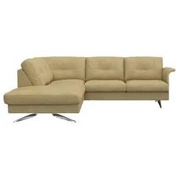 Ecksofa FLEXLUX "Glow, super bequem durch hochwertigem Sitzaufbau mit Federkern, L-Form" Sofas Gr. B/H/T: 236cm x 81cm x 224cm, Bouclé, Ottomane rechts, Armlehnen in Walnuss, gelb (mustard yellow) Modernes skandinavisches Design