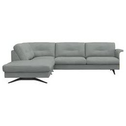 Ecksofa FLEXLUX "Glow bequem und komfortabel durch hochwertigen Sitzaufbau, L-Form" Sofas Gr. B/H/T: 268cm x 81cm x 224cm, Bouclé, Ottomane rechts, Armlehnen in Walnuss, blau (sky blau) Skandinavisches Design, In hochwertiger Verarbeitung