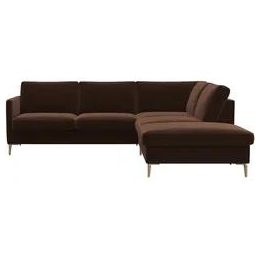 Ecksofa FLEXLUX "Fiore, L-Form, super bequem durch Kaltschaum im Sitz" Sofas Gr. B/H/T: 234cm x 85cm x 225cm, Velvet, Ottomane rechts, braun (tobacco) schmale Armlehnen, Füße AluEiche, BT 234225 cm