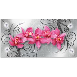 Wandbild Artland "rosa Orchideen auf Ornamenten" Bilder Gr. B/H: 100 cm x 50 cm, Alu-Dibond-Druck Blumenbilder Querformat, 1 St., pink als Alubild, Outdoorbild, Leinwandbild, Poster, Wandaufkleber