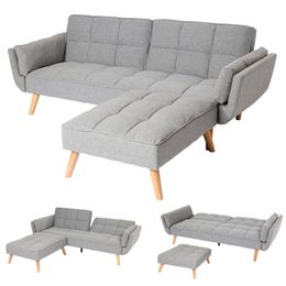 Schlafsofa MCW-K18 mit Ottomane, Couch Sofa G&auml;stebett, Schlaffunktion 218x175cm ~ Stoff/Textil hellgrau