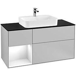 Villeroy & Boch Villeroy und Boch Finion Waschtischunterschrank F412GFGJ 120cm, Abdeckplatte black matt, Regal links Glossy white lacquer, Light grey matt