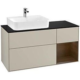 Villeroy & Boch Villeroy und Boch Finion Waschtischunterschrank F152GNHH 120cm, Abdeckplatte black matt, Regal rechts Walnut veneer, Sand Matt Lacquer