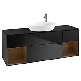 Villeroy & Boch Villeroy und Boch Finion Waschtischunterschrank G982GNPD 160cm, Abdeckplatte black matt, Emotion, Regale Walnut Veneer, Black matt lacquer