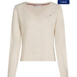 V-Ausschnitt-Pullover Tommy Hilfiger Curve "CRV SOFT WOOL V-NK SWEATER" Gr. 50, beige (ivory petal heather) Damen Pullover in Großen Größen, Mit Logostickerei Brusthöhe