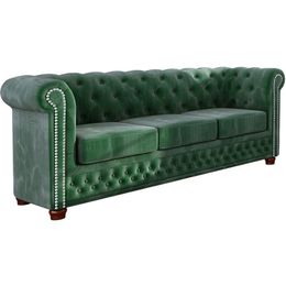 Chesterfield Lothar Sofa 3-Sitzer aus Grün Samt mit Holzfüßen