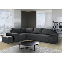 Sofa mit Schlaffunktion Kardo - Ecksofa mit Zwei Bettkasten, Samtstoff, Puff, Schublade - Eckcouch L-Form Links - Schwarz - Schwarz - Graingold