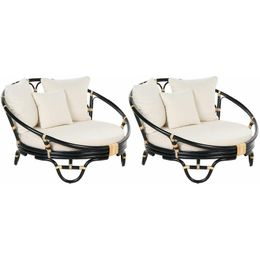 Beliani - Sonneninsel 2er Set Schwarz Rattan mit Auflagen Beige Stoff Rund Boho Gartenmuschel Rattaninsel Loungemöbel Outdoor Garten Terrasse