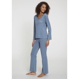 s.Oliver Pyjama blau Gr. 32/34 für Damen. V-Ausschnitt und Stickerei. Slim Fit