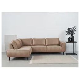 Ecksofa Places of Style "Fumone, Lederoptik oder Soft-Touch Chenille" Sofas Gr. B/H/T: 260cm x 83cm x 200cm, Kunstleder, Ottomane links, beige Breite 260, mit schwarzen Massivholzfüßen