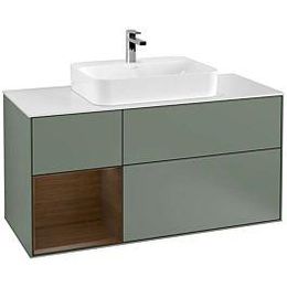 Villeroy & Boch Villeroy und Boch Finion Waschtischunterschrank F411GNGM 120cm, Abdeckplatte white matt, Regal links Walnut veneer, Olive Matt Lacquer