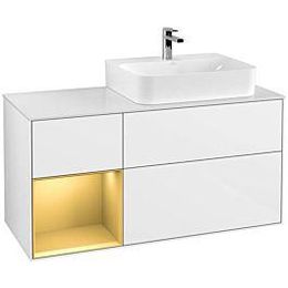 Villeroy & Boch Villeroy und Boch Finion Waschtischunterschrank F141HFGF 120cm, Abdeckplatte glass white Matt, Regal links Gold matt, Glossy white lacquer