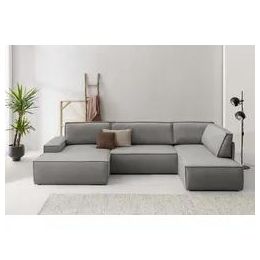 Wohnlandschaft Home Affaire "SHERWOOD XXL 329 cm, U-Form, Schlafsofa" Sofas Gr. B/H/T: 329 cm x 85 cm x 195 cm, Samtvelours, Recamiere links, grau (grey) Schlaffunktion m. Bettkasten (194x139 cm), Cord, Vintage, Samtvelours