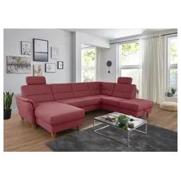 Wohnlandschaft Home Affaire "Palmera U-Form" Sofas Gr. B/H/T: 308 cm x 89 cm x 212 cm, Struktur weich, Ottomane rechts, mit Bettfunktion-mit Bettkasten, lila (chianti) Federkern, wahlweise mit Bettfunktion und mitohne Stauraum