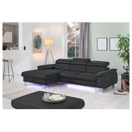 Ecksofa COTTA "Komaris L-Form" Sofas Gr. B/H/T: 244cm x 72cm x 166cm, NaturLEDER, Recamiere links, mit Bettfunktion-mit Bettkasten-mit RGB-LED-Beleuchtung, schwarz mit Kopfteilverstellung, wahlweise Bettfunktion,Stauraum & Beleuchtung