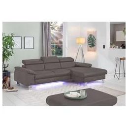 Ecksofa COTTA "Komaris L-Form" Sofas Gr. B/H/T: 244cm x 72cm x 166cm, Kunstleder SOFTLUX, Recamiere rechts, ohne Bettfunktion-ohne Bettkasten-mit RGB-LED-Beleuchtung, grau (elefant) mit Kopfteilverstellung, wahlweise Bettfunktion,Stauraum & Beleuchtung