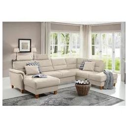 Wohnlandschaft Home Affaire "Palmera U-Form" Sofas Gr. B/H/T: 308 cm x 89 cm x 212 cm, Struktur, Ottomane rechts, mit Bettfunktion-ohne Bettkasten, beige (natur) Federkern, wahlweise mit Bettfunktion und mitohne Stauraum