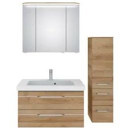 Badmöbel-Set SAPHIR "Balto Sprint 3-teilig, Mineralmarmor-Waschtisch mit LED-Spiegelschrank" Kastenmöbel-Sets Gr. B/H/T: 122 cm x 200 cm x 50,8 cm, 1 Mineralmarmor-Waschtisch weiß-1 Waschtischunterschrank mit 2 Auszügen-1 Spiegelschrank mit 2 Drehtüren-1 LED-Lichtkranz-1 Midischrank mit 1 Drehtür, 2 Auszügen, braun (riviera eiche quer nachbildung) Badezimmer Set mit Midischrank, inkl Türdämpfer, 4