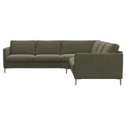 Ecksofa FLEXLUX "Fiore, gleichschenklig, bequem durch hochwertigem Sitzaufbau" Sofas Gr. B/H/T: 249cm x 85cm x 92cm, Struktur, Schenkel links, grün (moss green) schmale Armlehnen, Kaltschaum, Füße Alu+ Eiche