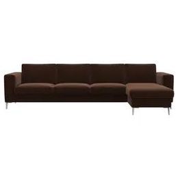 Ecksofa FLEXLUX "Fiore, super Sitzkomfort durch Kaltschaum im Sitz, L-Form" Sofas Gr. B/H/T: 295cm x 85cm x 159cm, Velvet, Chaiselongue rechts, braun (tobacco) breite Armlehnen, Füße Alu