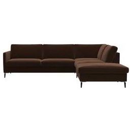 Ecksofa FLEXLUX "Fiore, super Sitzkomfort durch Kaltschaum im Sitz, L-Form" Sofas Gr. B/H/T: 266cm x 85cm x 225cm, Velvet, Ottomane rechts, braun (tobacco) schmale Armlehnen, Füße Alu+schwarz