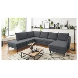 Wohnlandschaft ATLANTIC HOME COLLECTION "Rekvik U-Form" Sofas Gr. B/H: 308cm x 79cm, Struktur, Recamiere links, grau (anthrazit) mit Wellenunterfederung, Massivholzfüßen