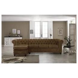 Chesterfield-Sofa Home Affaire "Rysum L-Form" Sofas Gr. B/H/T: 255 cm x 72 cm x 171 cm, Luxus-Microfaser in Lederoptik, Ottomane links, braun (cognac) Chesterfield-Optik mit Ottomanen-Abschluß