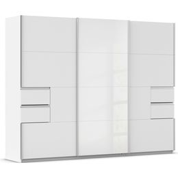 Schwebetürenschrank Rauch "Kleiderschrank Schrank Garderobe Wäscheschrank LUZIA in 2 Breiten" Schränke Gr. B/H/T: 271 cm x 210 cm x 62 cm, 3 St., weiß (alpinweiß, glas kristallweiß) mit 2 Schubladen Glastür in modernen Dekor-Farben MADE IN GERMANY