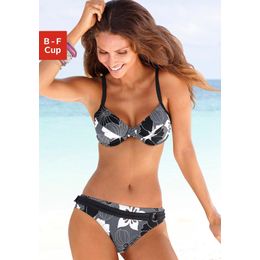 Bügel-Bikini Lascana Gr. 36, Cup E, grau (grau, bedruckt) Damen Bikini-Sets florales Design, Bikini-Hose mit Vordermieder, Hose Ziergürtel