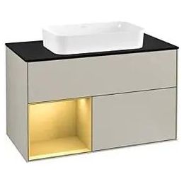 Villeroy & Boch Villeroy und Boch Finion Waschtischunterschrank F242HFHH 100x60,3cm, Abdeckplatte black matt, Regal links Gold matt, Sand Matt Lacquer