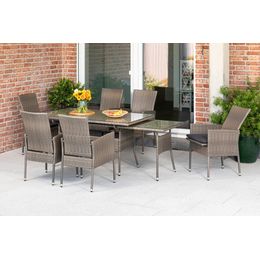 Garten-Essgruppe Merxx "Sevilla" Sitzmöbel-Sets Gr. B/H/T: 53 cm x 94 cm x 54 cm, Dining Set, beige (steinbeige, natur, grau) 6 Sessel mit SItzkissen, ausziehbarer Tisch, steinbeige