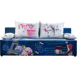 Schlafsofa exxpo - SOFA FASHION "Extravagantes Sofa f&uuml;r Individualisten mit Bettfunktion und Bettkasten", blau, B:193cm H:88cm T:85cm, Luxus-Microfaser (100% Polyester) bedruckt, Sofas, Schlafsofa, in au&szlig;ergew&ouml;hnlichen Bezugsvarianten, Solit&auml;rm&ouml;bel