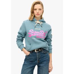 Kapuzensweatshirt Superdry "EMBELLISHED VL GRAPHIC HOOD" Gr. L, blau (aegean blue) Damen Sweatshirts