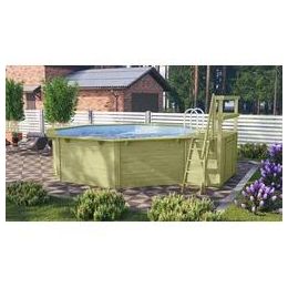 Achteckpool Karibu "Rimini 2X mit Sonnendeck" Schwimmbecken Gr. B/H/L: Breite 550cm x Höhe 121cm x Länge 470cm, 15950 l, braun BxLxH: 550x470x121 cm