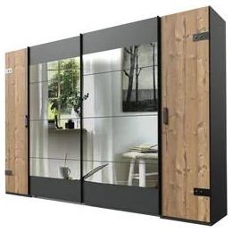 Mendler Schwebetürenschrank WIMEX "Stockholm, Schlafzimmerschrank mit Industrial-Look, rustikale Optik", grau (graphitfarben, edeltannenfarben), B:225cm H:210cm T:65cm, Holzwerkstoff, Schränke, Kleiderschrank mit Spiegel BESTSELLER Schrank Garderobe