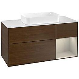 Villeroy & Boch Villeroy und Boch Finion Waschtischunterschrank G301HHGN 120cm, Abdeckplatte white matt, Emotion, Regal rechts Sand Matt, Walnut veneer