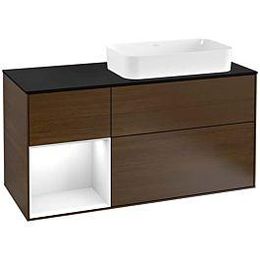 Villeroy & Boch Villeroy und Boch Finion Waschtischunterschrank F272GFGN 120cm, Abdeckplatte black matt, Regal links Glossy white lacquer, Walnut veneer