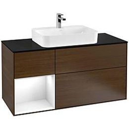 Villeroy & Boch Villeroy und Boch Finion Waschtischunterschrank G412GFGN 120cm, Abdeckplatte black matt, Emotion, Regal links Glossy white lacquer, Walnut veneer