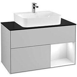 Villeroy & Boch Villeroy und Boch Finion Waschtischunterschrank F122GFGJ 100cm, Abdeckplatte black matt, Regal rechts Glossy white lacquer, Light grey matt