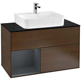 Villeroy & Boch Villeroy und Boch Finion Waschtischunterschrank F112HGGN 100cm, Abdeckplatte white matt, Regal links Midnight Blue Matt Lacquer, Walnut veneer